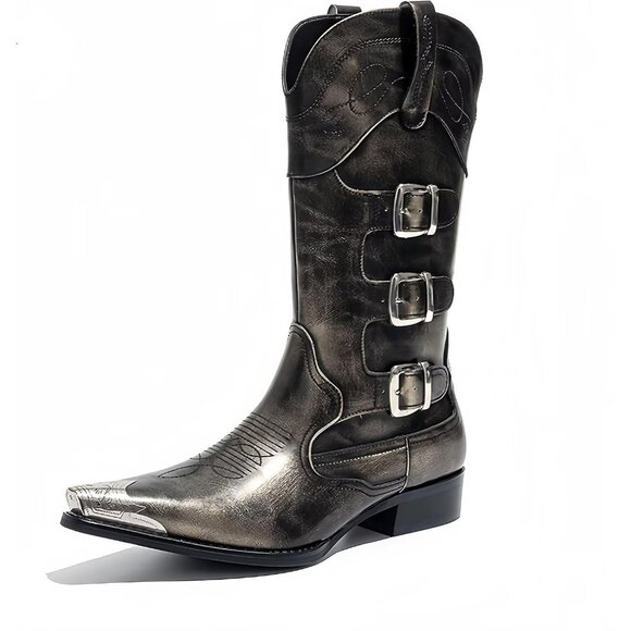 Shoes | Mens Gold Western Cowboy Leather Triple Buckle Straps Pointed ...